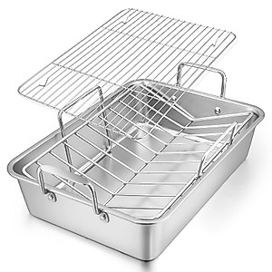 Roasting Pan, E-far 16 x 11.5 Inch Stainless steel Turkey Roaster with Rack - Deep Broiling Pan & V-shaped Rack & Flat Rack, Non-toxic & Heavy Duty, Easy Clean & Dishwasher Safe - Large