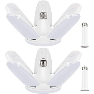 LED Garage Light 2 Pack 60W E26/E27 6000LM Deformable Ceiling Trilights LED Lights 6500K Daylight White Garage LED Bulb with 4 Adjustable LED Panels, Bay Lights for Warehouse Workshop Basement Barn