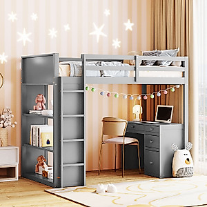 BIADNBZ Wooden Twin Size Loft Bed with Large Shelves Storage and Desk w/Built-in Drawers, Multifunctional LoftBed Frame w/Ladder for Kids Teens Adults Bedroom, Gray
