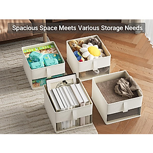 Vailando Foldable Storage Bins with Clear Window, Fabric Organizer for Closet, Shelves & Cubes - Breathable, Odor-Free Storage Boxes for Towels, Clothes, Toys, Books - 14.75"x10.25"x8", White, 3-Pack