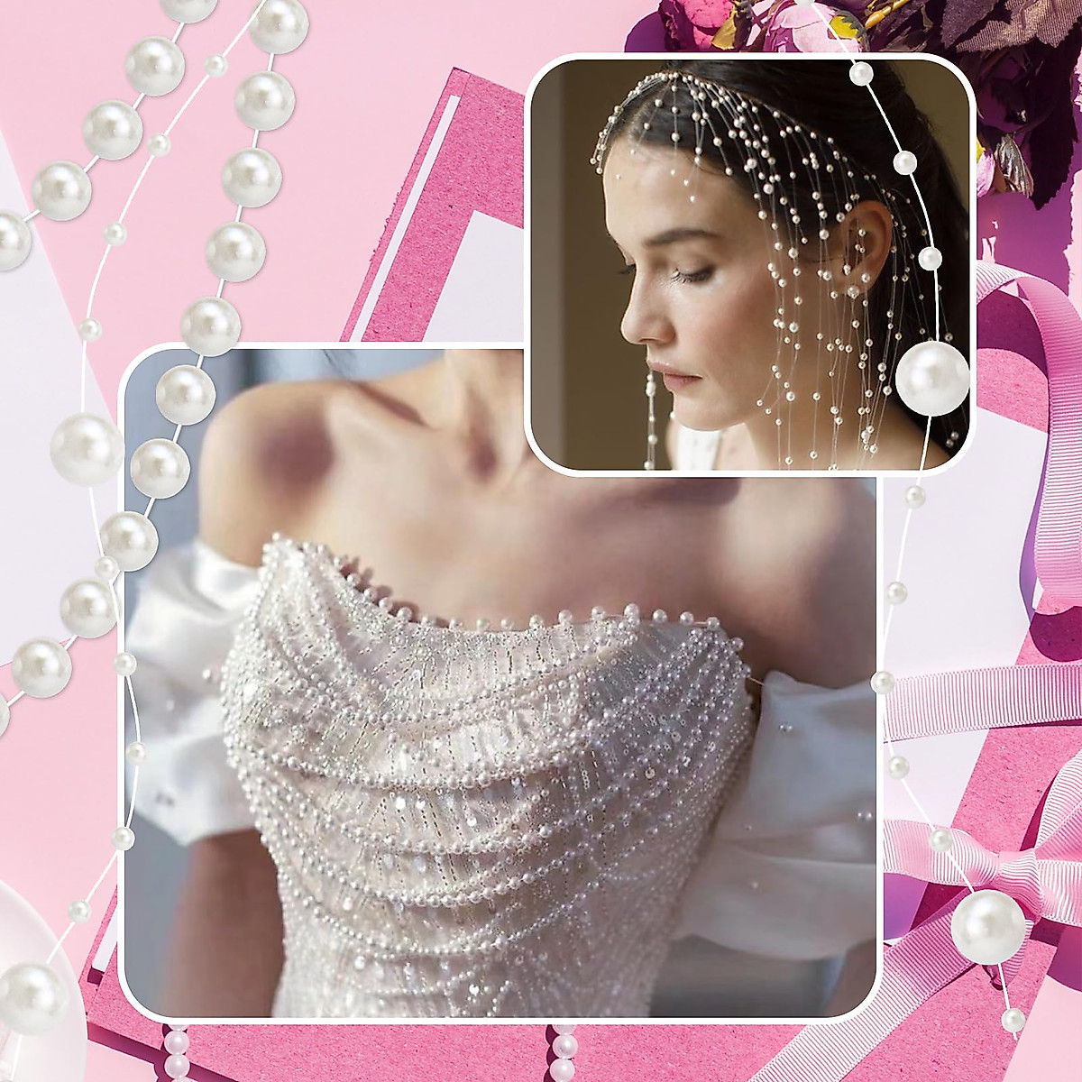 Towenm 4 Rolls 76 Feet Pearls String Garland, Faux Pearl Beads Roll Strand for Crafts, Artificial Pearls Chain Trim for Wedding Party Flower Valentine Christmas Decoration, 4mm 6mm 8mm 8+3mm, Ivory