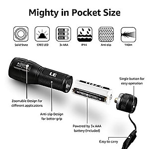 Lighting EVER LED Flashlights High Lumens, Small Flashlight, Zoomable, Waterproof, Adjustable Brightness Flash Light for Outdoor, Emergency, AAA Batteries Included, Tactical & Camping Accessories