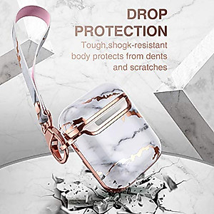 SURITCH Compatible with AirPods Case, [Front LED Visible] Cute Marble Full Body Protection Slim Shockproof Rugged Protective Case Cover with Lanyard for AirPods 1st/2nd (White Marble)