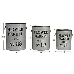 Creative Co-Op Decorative Round Metal Buckets with Handles and "Flower Market" Message, Set of 3 Sizes, Distressed Silver