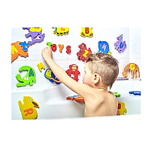 Bath Foam Alphabet Letters Toys - Non-Toxic Bathtub ABC Letters for Kids Toddlers - Premium Educational Floating Animals Puzzles with Toy Organizer for Baby Boys Girls - Set of 52 Pcs