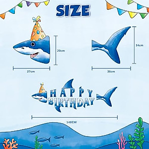 WERNNSAI Shark Happy Birthday Banner - Shark Party Decorations for Kids Boys Pre-strung Shark Birthday Banner Ocean Theme Party Supplies Beach Under The Sea Theme Party Hanging Wall Decor