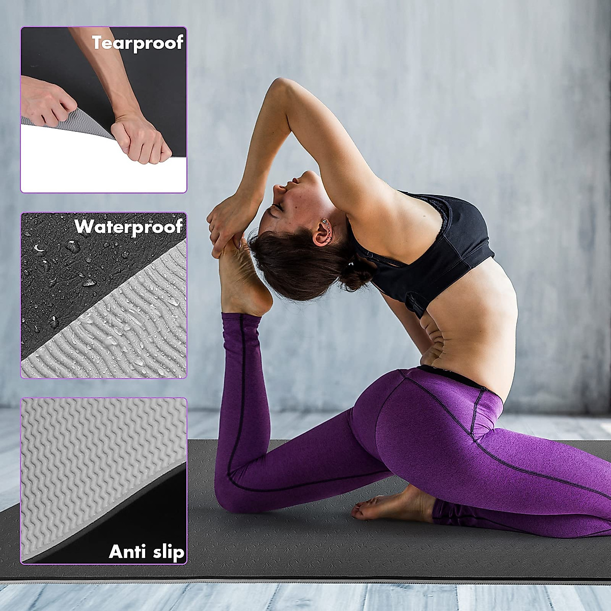 HOTIOGA Yoga Mat with Carrying Strap 72x32" & 1/4 Inch Thick Exercise Mat with Double Non Slip Surfaces for Men and Women Home Exercise (Black, 1/4 INCH THICK)