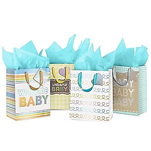 YE GIVING Baby Gift Bags With Tissue, 8"x4"x10" 4 Pack. 4 Designs. Gift Bag Set for New Baby, Includes Tissue Paper And Tags.