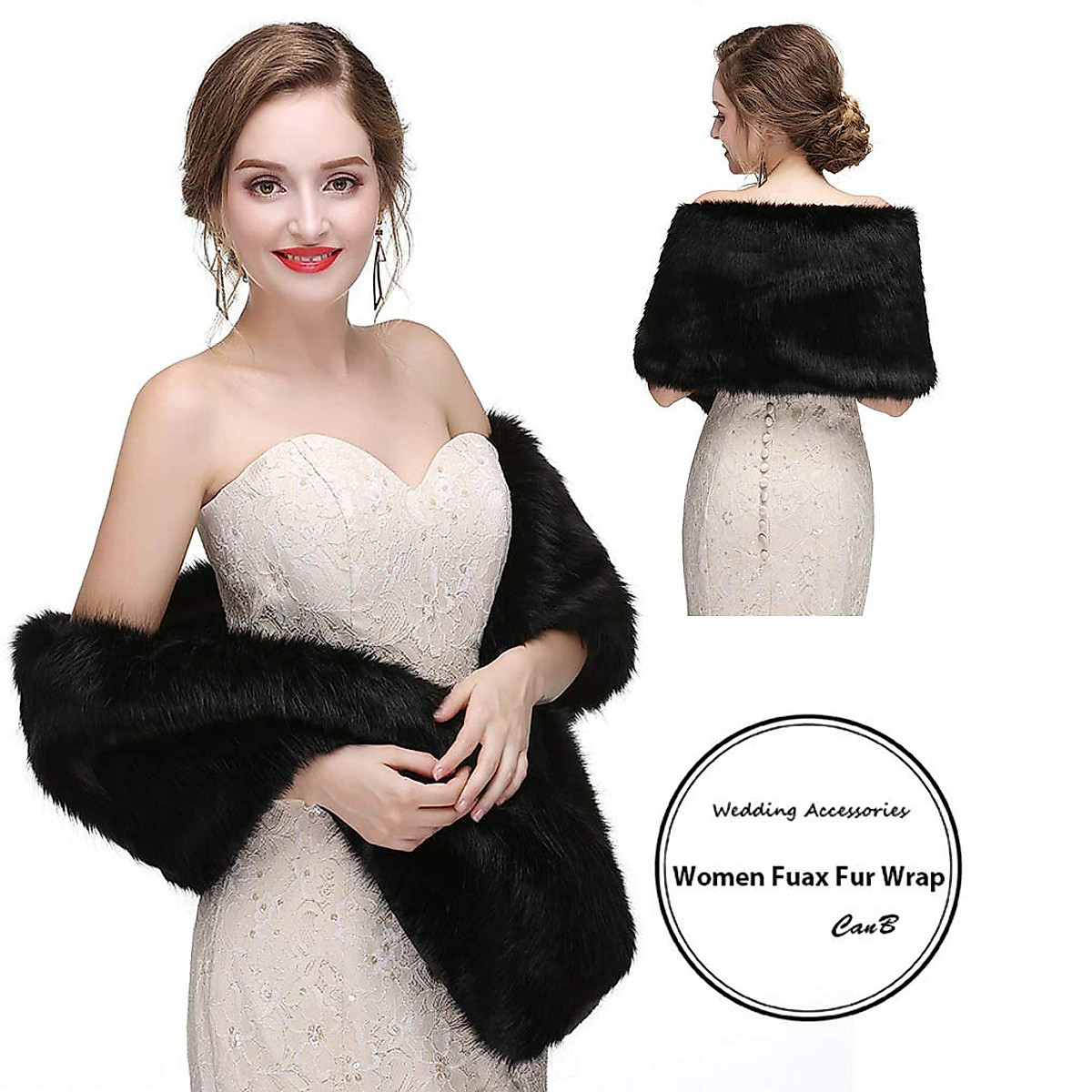 CanB Women's Large 1920 Faux Fur Shawl Bridal Wedding Fur Wraps and Bolero Faux Mink Shrug for Women