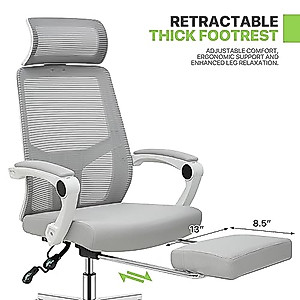 Ergonomic Office Chair with Footrest, High Back Mesh Gaming Desk Chair with Headrest, Swivel Rolling Home Chair with Lumbar Support and Flip-up Armrest, Grey