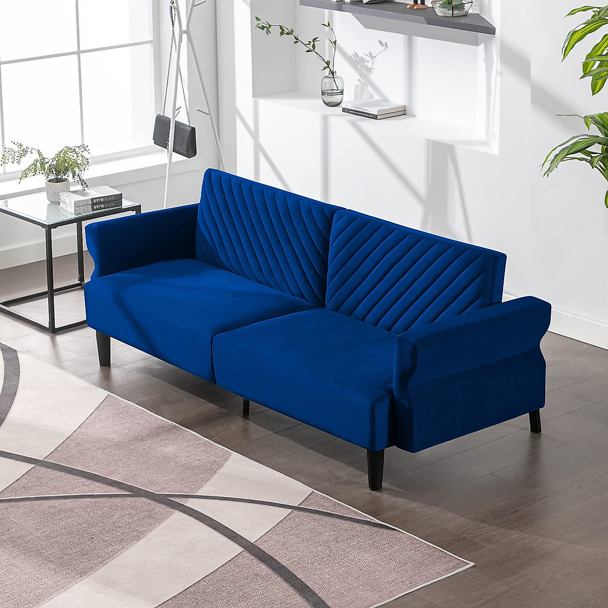 CECER 78''Futon Sofa with Ajustable Armrest, 3 Seat Convertible Sofa Bed Couch with Modern Design for Living Room,Apartment(Dark Blue)