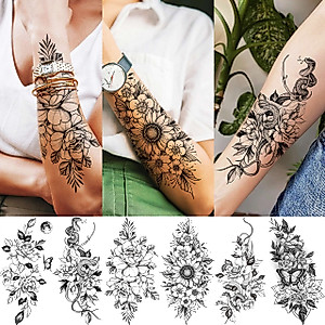 VANTATY 61 Sheets 3D Snake Flower Temporary Tattoos For Women Girls Neck Arm, 12 Sheets Realistic Floral Fake Tattoo Stickers Thigh, Waterproof Temp Transfer Tatoo Adults Rose Sunflower Butterfly