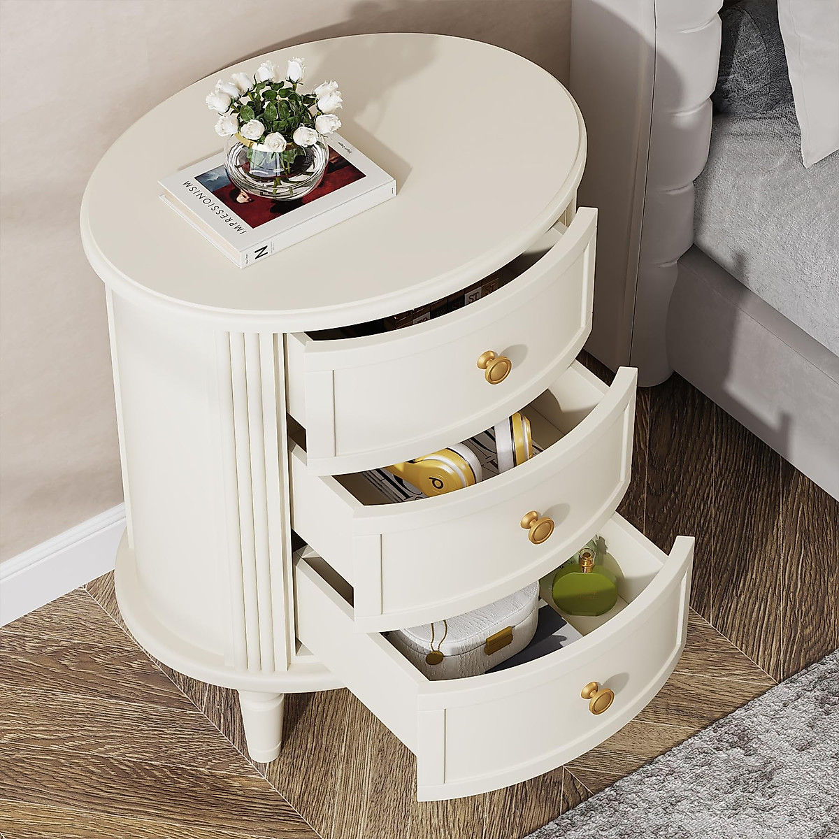Tribesigns Nightstand with 3 Drawers, Oval Bed Side Table for Bedroom, Fully Assembled, Modern Night Stand with Storage, Wooden Side End Table with Solid Wood Legs for Living Room, Beige White