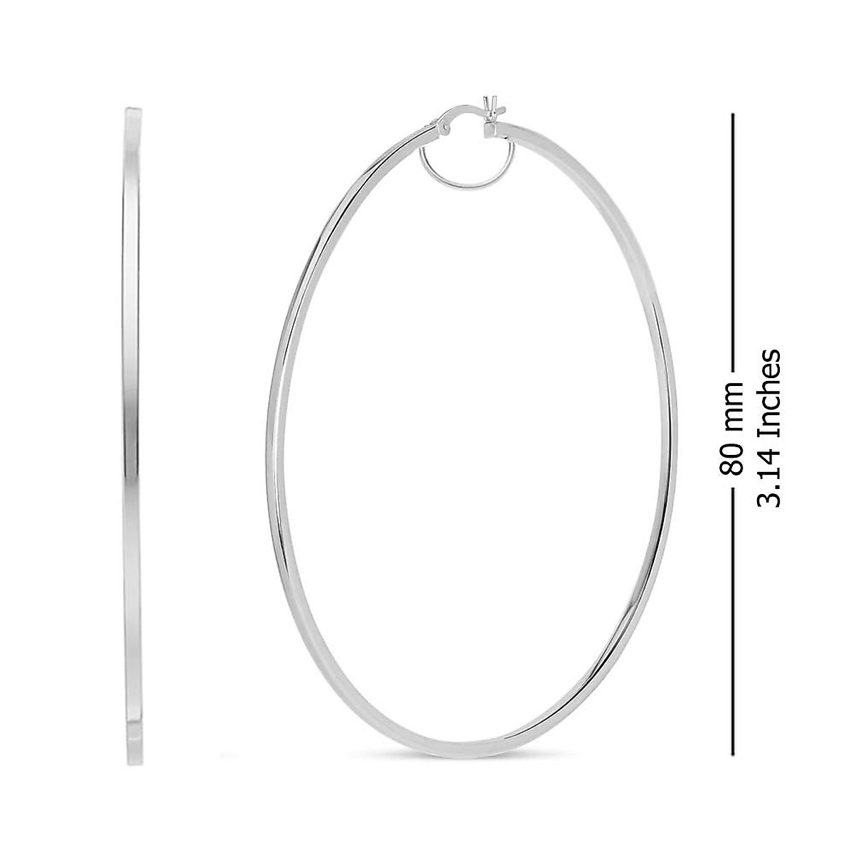 LeCalla 925 Sterling Silver Classic Hoop Earrings | Large Earrings Hoop Jewelry | Round Rhodium-Plated Statement Earring | Italian Square-Tube Click-Top Hoops Earring for Women - 80mm