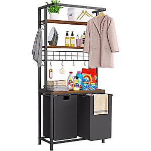 Snughome 3 Tier Laundry Hamper with Shelf and Hanging Bar, Tall Laundry Basket Sorter with Storage Rack, 2 Section Clothes Hamper with Hooks for Laundry Room, Bathroom, Bedroom
