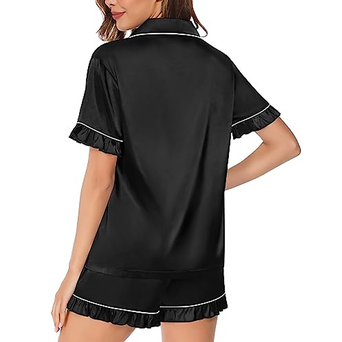 SWOMOG Soft Silk Satin Pajama Set for Women Summer Nightwear Short Sleeve Pjs Sets 2 piece Pyjamas Button Down Sleepwear Black