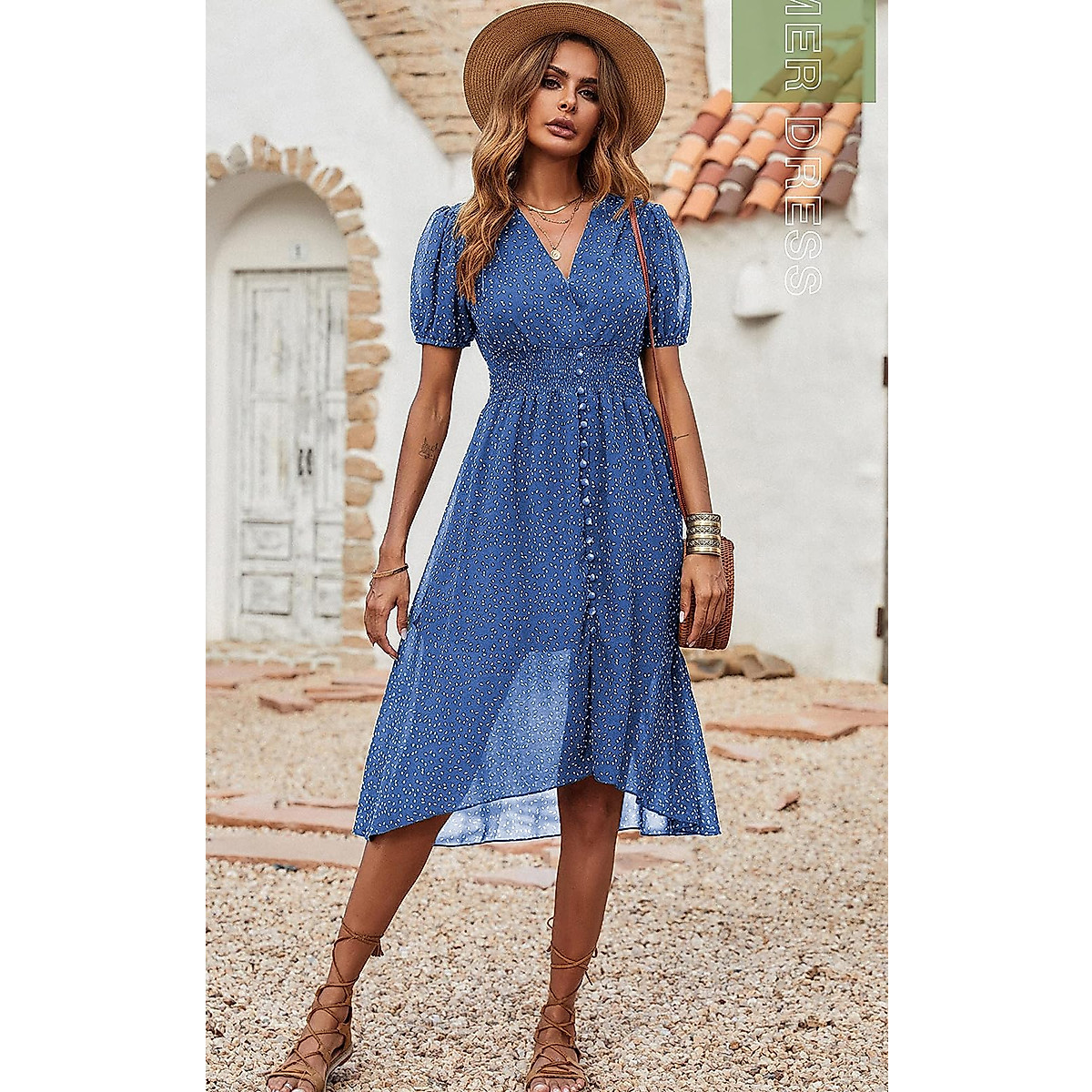 PRETTYGARDEN Summer Floral Midi Dress Puff Sleeve Casual Swing Sun Dress Floral Boho Hawaiian Flowy Long Dress Chiffon Polka Dot Womens Casual Dress Summer(Dark Blue, Large)