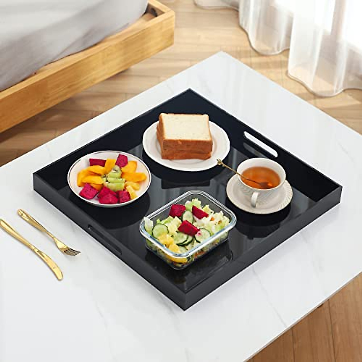 MUKEEN Black King Size Large Acrylic Serving Tray for bed-24x24 Inch -Spill Proof- Decorative Trays Countertop Organizer for Ottoman,Nightstand, Sidetable, Butler (24X24 Inch, Black)