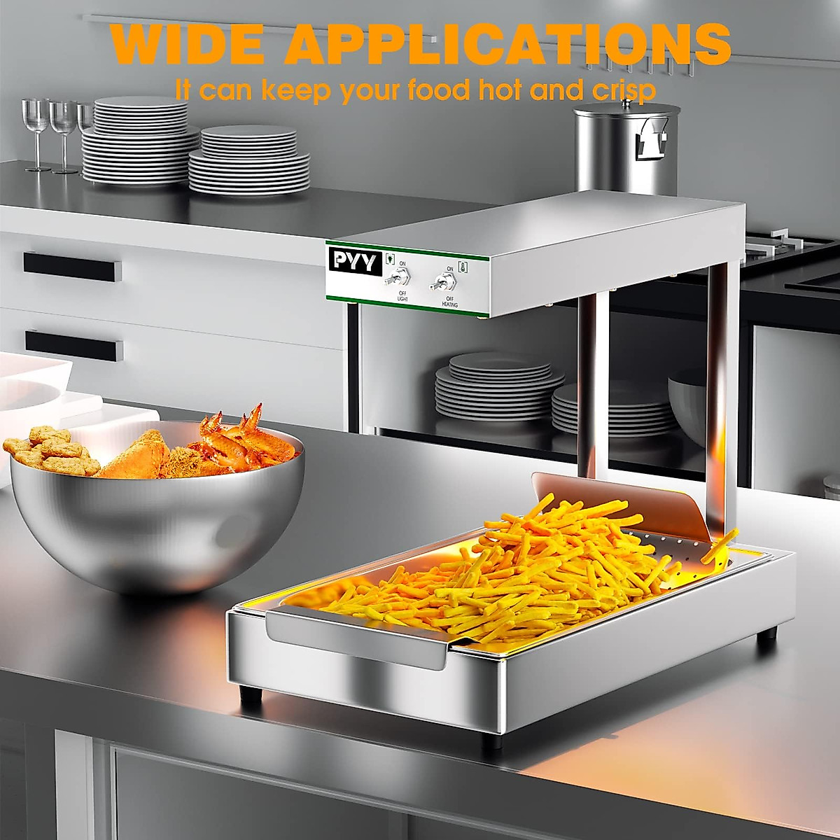 PYY French Fry Warmer - Food Warmer Countertop, Food Heat Lamp for Chips Commercial Heat Light Free, Standing Warming Dump Station Churros Fried Food, Silver, 350W