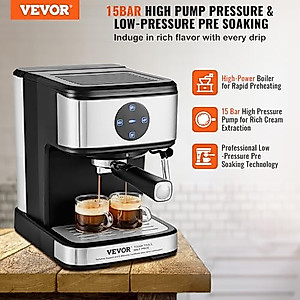 VEVOR Espresso Machine, 15 Bar Coffee and Espresso Maker with Milk Frother Steam Wand, Professional Semi-Automatic Cappuccino Latte Machine with Touch Screen & Removable Water Tank, NTC Control System