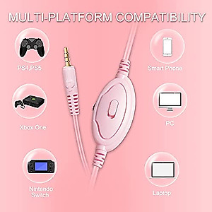Pink Gaming Headset for Nintendo Switch, Xbox One, PS4,PS5, Bass Surround and Noise Cancelling with Flexible Mic, 3.5mm Wired Adjustable Over-Ear Headphones for Laptop PC iPad Smartphones