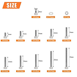 HELIFOUNER 1280 Pieces M3 x 4mm /6mm /8mm /10mm /12mm /14mm /16mm /18mm /20mm /25mm / 30mm, Hex Socket Head Cap Metric Screws Bolts Washers Nuts Kit, 304 Stainless Steel