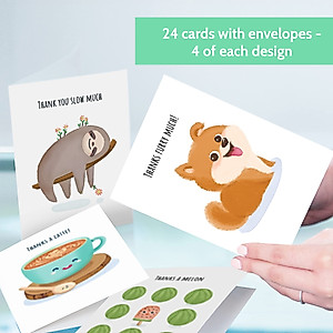 24 Funny Thank You Cards With Envelopes - Fun Animals Punny Thank You Cards Kids Friendly - Cute Thank You Notes for Teachers and Students - Say Thanks a Melon, Thanks a Latte, and More Puns