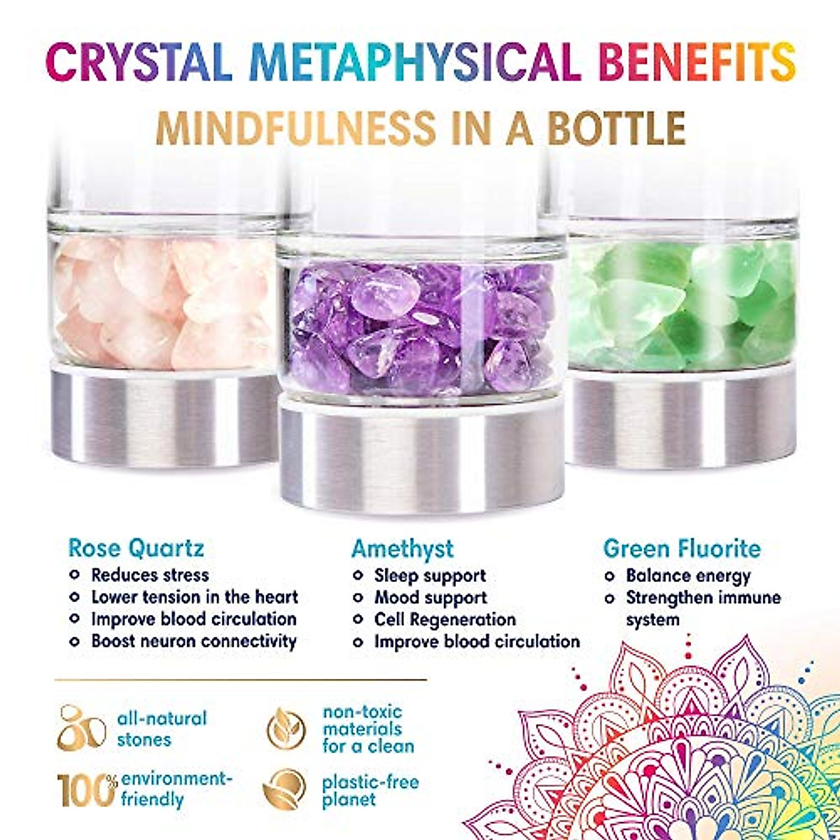 OSANA Crystal Water Bottle with 3 Changeable Healing Crystals – Amethyst, Rose Quartz, Green Fluorite – Loose Leaf Tea Bottle – Gem Elixir Infused Glass Water Bottle - 16.9 oz