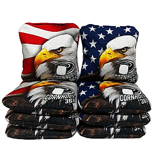 Cornhole365 Themed Cornhole Bags - All-Weather, Heavy-Duty Fabric, Resin Filling, Double-Stitched Duck Cloth - Professional Corn Hole Bean Bags for Indoor & Outdoor Use - American Eagle - Set of 8