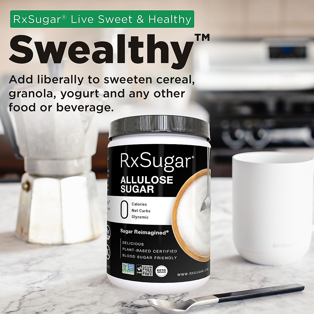 RxSugar Delicious Plant-Based Crystal Sugar, Allulose, 16 oz | Allulose sweetener | 0 Calorie, 0 Net Carbs, 0 Glycemic | Diabetes-Safe Natural Sugar | Keto Certified | Non-GMO Project Verified | Gluten-Free Certified
