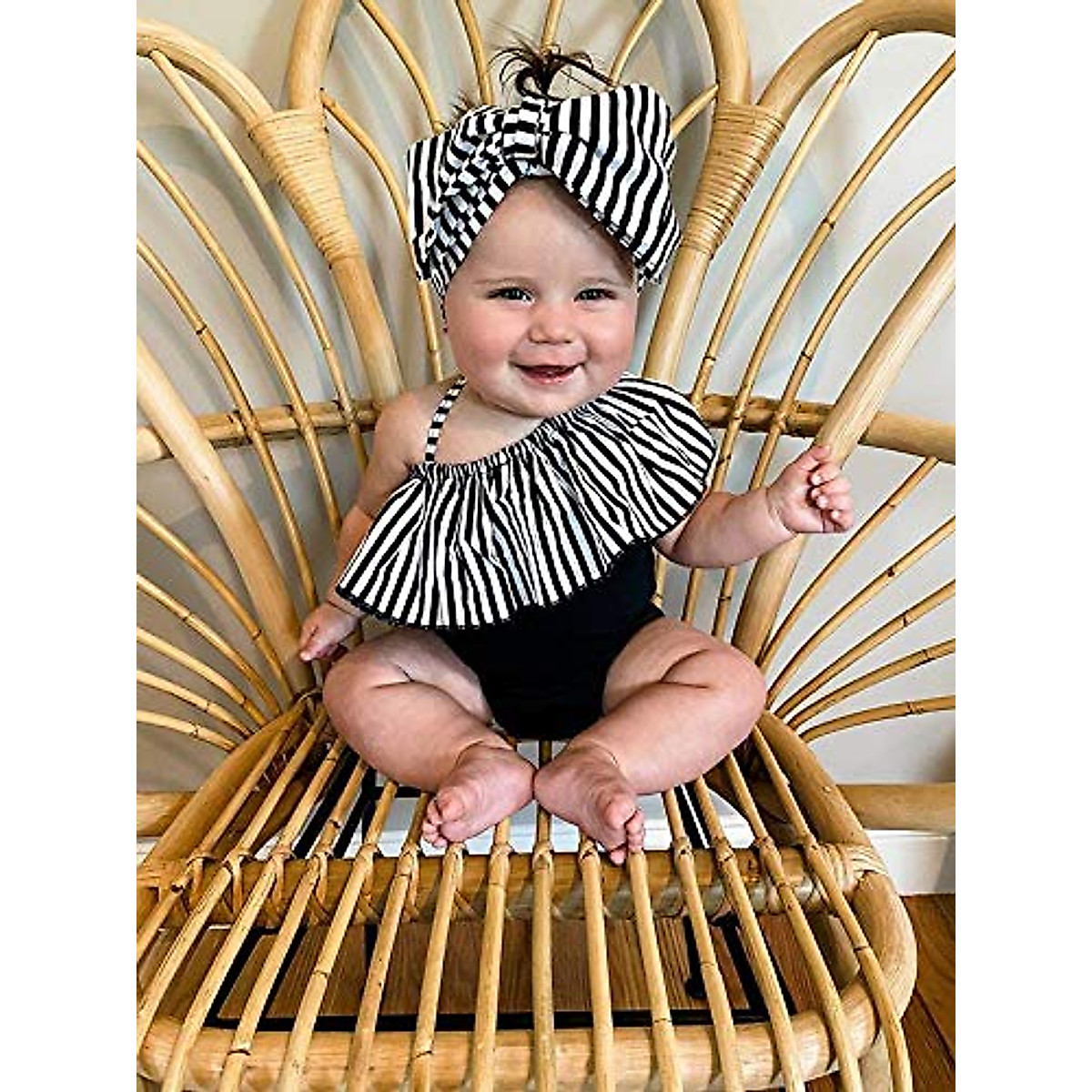 Baby Girl Hawaiian Ruffles Bikini One-Piece Swimsuit Beach Bathing Suit Floral Swimwear+Headband 2 Pcs Set (Black Strips, 0-6 Months)