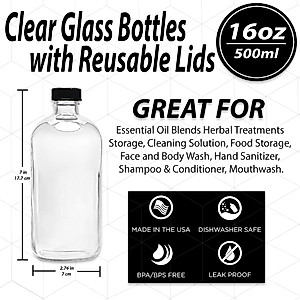 (2 Pack) - 16 oz Clear Glass Boston Round Bottles with Black 28-400 Airtight Phenolic Polycone Caps - Perfect Glass Containers for Secondary Fermentation, Storing condiment, Homemade Essential Oils