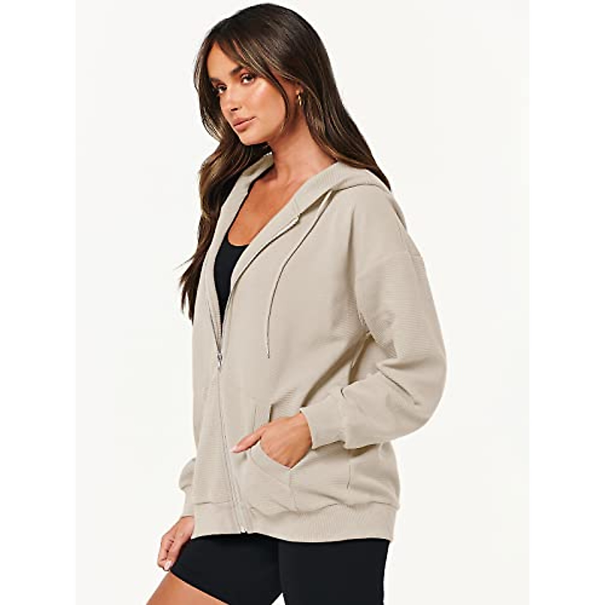 ANRABESS Women's Hoodies 2023 Fall Jacket Rib Kint Sweater Long Sleeve Sweatshirts Casual Dressy Tops Zip Up Trendy Y2K Clothes for Teen Girl 931mihuang-L Beige