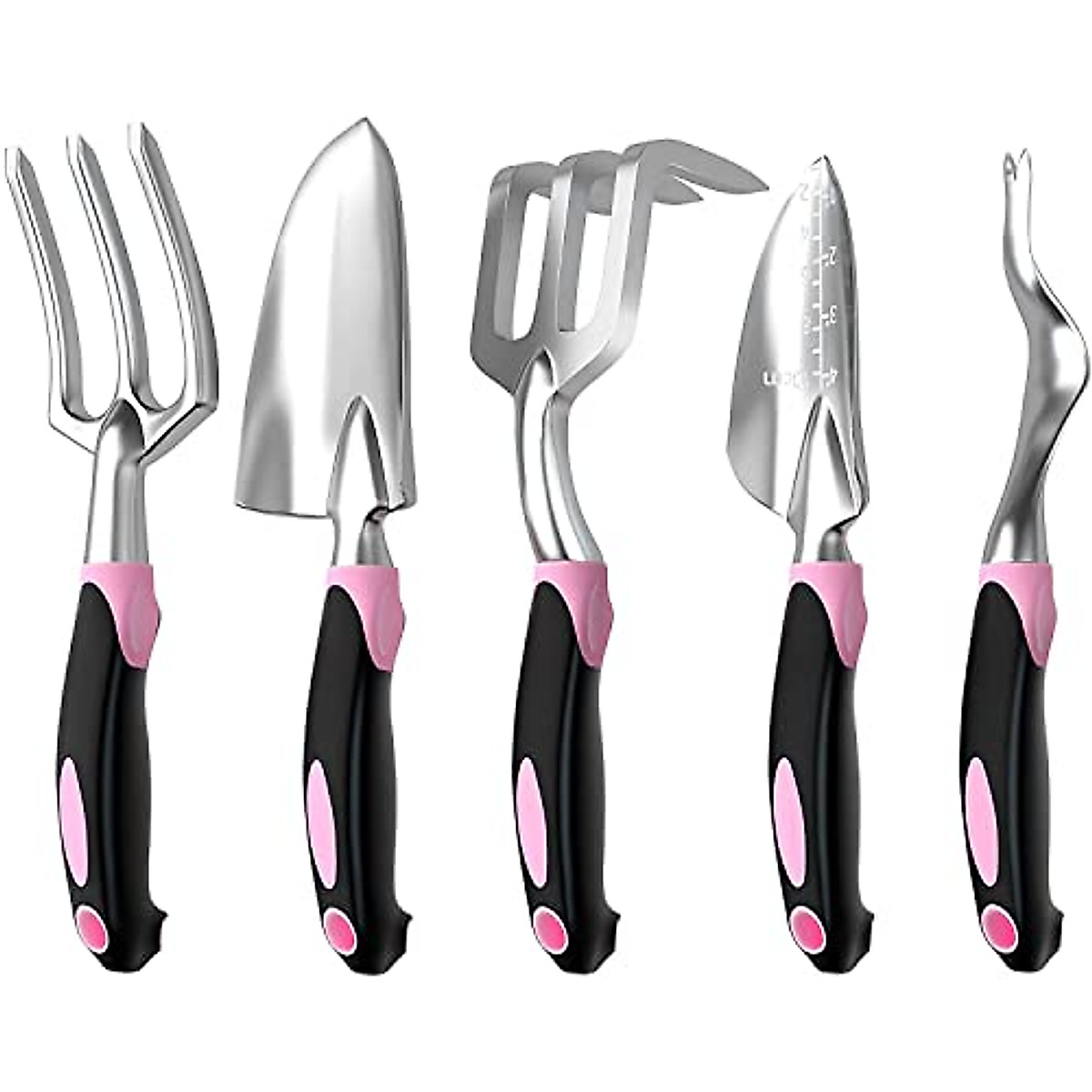 Garden Tool Set SOYUS Heavy Duty 5 Piece Gardening Kit Aluminum Alloy Garden Spade Shovel for Digging Hand Trowel Weeder Cultivator Rake with Ergonomic Non-Slip Girp Pink Garden Tools Gifts for Women