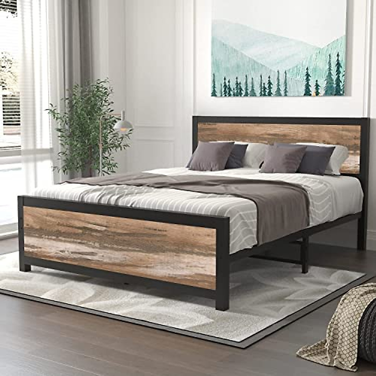 Full Size Bed Frames with Headboard Full Platform Bed Frame Rustic Wood Platform Metal Bed Frame Full Size Bed Frames with Storage No Box Spring Needed Heavy Duty Slat Support (Industrial Brown, Full)