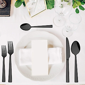 LIANYU 30-Piece Black Silverware Set with Tray, Stainless Steel Square Flatware Cutlery Set for 6, Black Eating Utensils for Home Restaurant, Dishwasher Safe, Mirror Finished