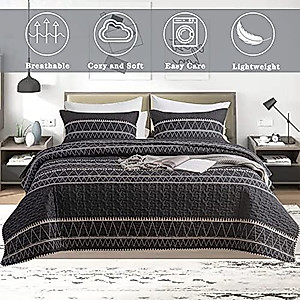 Homuno Black Quilt Set Queen Size 3-Piece Set (90 x 96 Inches), Bohemian Style All-Season Lightweight Reversible Microfiber Bedspread Set (1 Piece Quilt Set, 2 Pieces Pillowcase)