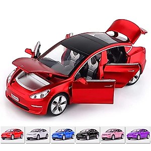 1:32 Scale Model 3 Car Toy Pull Back with Sound and Light, Alloy Diecast Mini Vehicles Toys for Kids Gift or Tesla Car Model Collection Enthusiasts Gift (Brilliant Red)