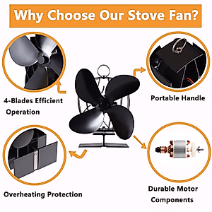 ZapaEsti Wood Stove Fan 4 Blades Silent Operation Wood/Log Burner/Fireplace