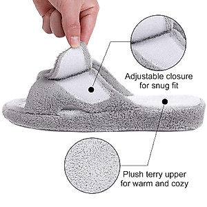 shevalues Summer Arch Support Slippers for Women Adjustable Terry Cloth Fuzzy Indoor Slippers Open Toe House Shoes, Grey 11 Women/9.5 Men