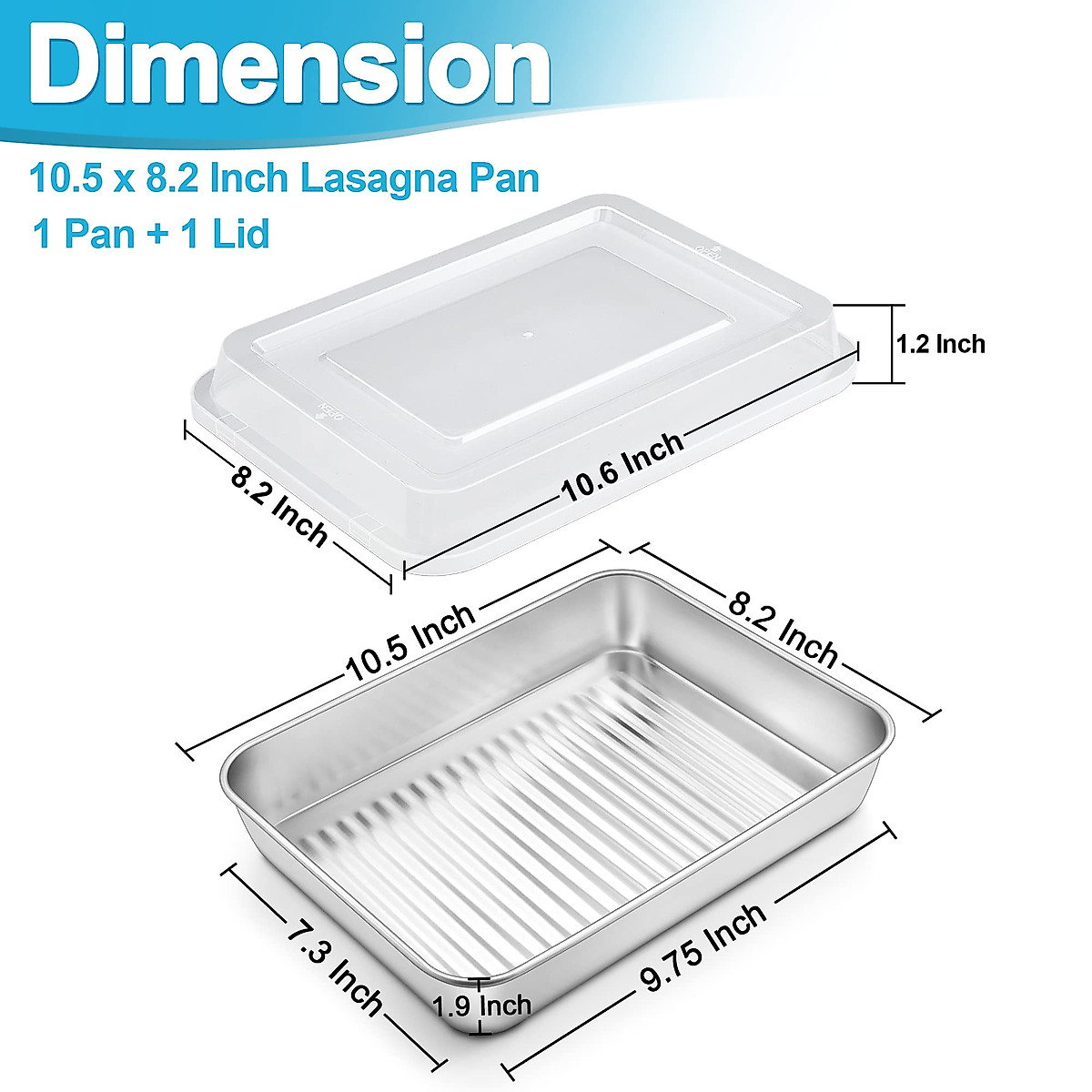 TeamFar Rectangular Cake Pan with Lid, 10.5 Inch Stainless Steel Small Baking Roasting Lasagna Cake Pan, Corrugated Bottom & Deep Side, Healthy & Heavy Duty, Dishwasher Safe - (1 Pan + 1 Lid)