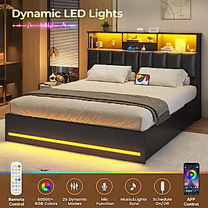 VIAGDO Queen Bed Frame with Bookcase Headboard, Wood Bed Frame Queen Size with Charging Station, 4 Storage Drawers and LED Lights, Upholstered Bed with Type-C and USB, No Box Spring Needed, Black