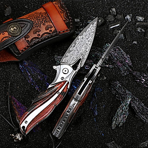 ALVELY Handmade Japanese VG10 Damascus steel Folding Pocket Knife，With leather case，Liner Lock，3.1in high hardness blade，Wooden Handle，men's folding knife hiking trip EDC tool Knife