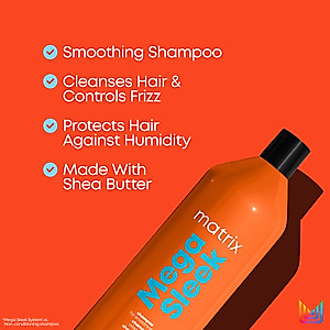 Matrix Mega Sleek Shampoo| Smoothing, Anti-Frizz, Detangling | For Dry, Damaged & Frizzy Hair | Salon Professional Shampoo | With Shea Butter | Vegan