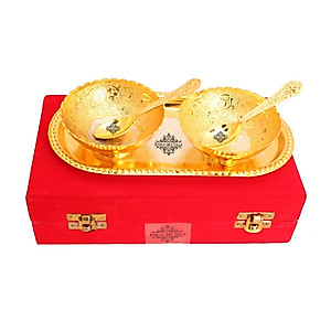 Indian Art Villa Silver Plated Gold Polished Bowl Set with Spoon Tray, Diwali Gift Item