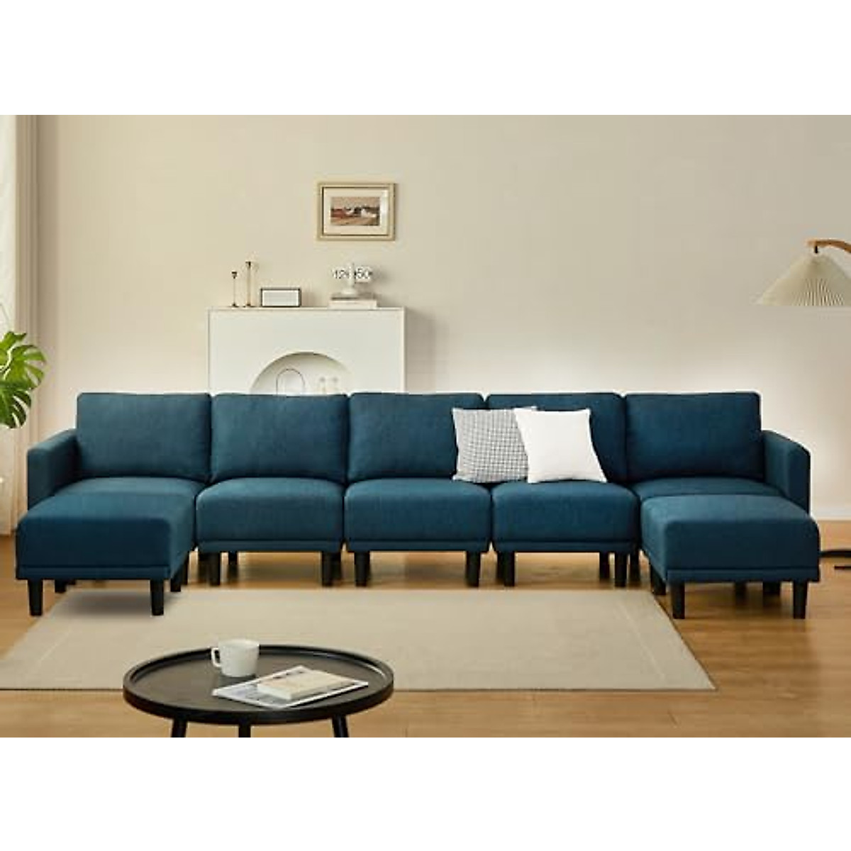 Cpintltr U Shaped Sectional Sofa Modern Convertible Modular Couch with Reversible Chaise Upholstered Linen 5-Seat Sofa Furniture Set with Ottomans for Living Room (Navy Blue,5+2)