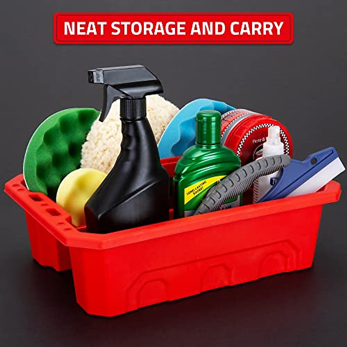 CANOPUS Storage Tray Tote with Functional Holes 2 PCs Plastic Cleaning Caddy with Handle, Portable Cleaners Caddy, Undersink Storage for Kitchen, Shoe Cleaning Box, Cleaning Products Organizer, Red