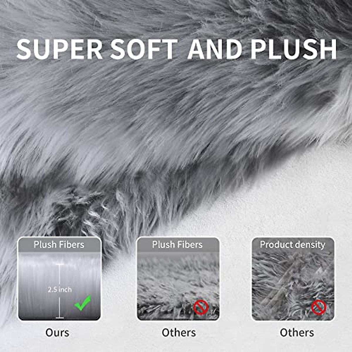 Faux Fur Rug for Bedroom, Gray Fluffy Rug Soft Sheepskin Runner Rug Sofa Couch Seat Cushion, 2x6ft Grey Plush Area Rug Shag Rugs Floor Carpets for Nursery Bedside, Cute Shaggy Fuzzy Home Decor
