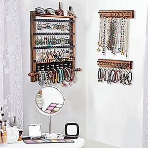 QILICHZ Jewelry Organizer Wall Mounted Wall Jewelry Organizer Set of 3 Wood Hanging Jewelry Organizer Rustic Jewelry Hanger for Jewelry Storage Display Gift (Brown+Black)
