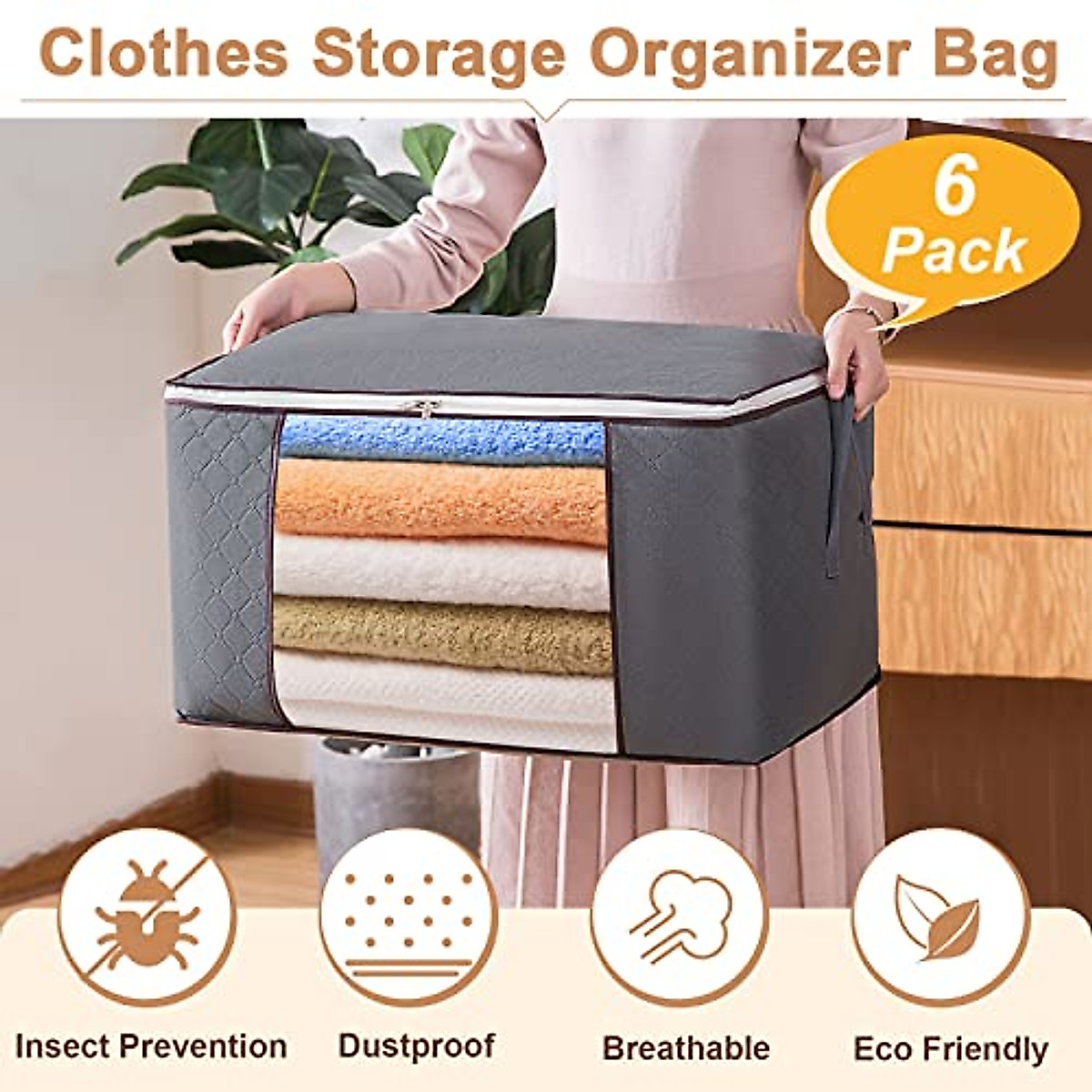 6-Pack Clothes Organizer Storage Bag, 49L Foldable Storage Bins Closet Storage Containers with Clear Window and Reinforced Handles for Dorm, Blanket, Pillows, Bedding, Sweaters, Coats, Stuffed Toys